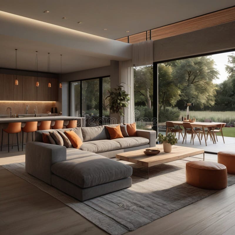 Modern Open-plan Living Space with a Grey Sectional Sofa. Stock ...