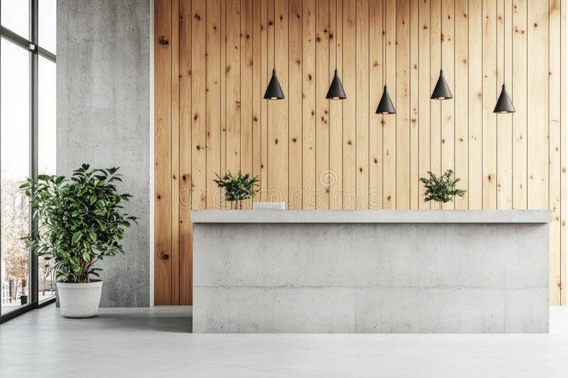 3D Rendering of a Modern Reception Area with a Wooden Panel Wall and ...