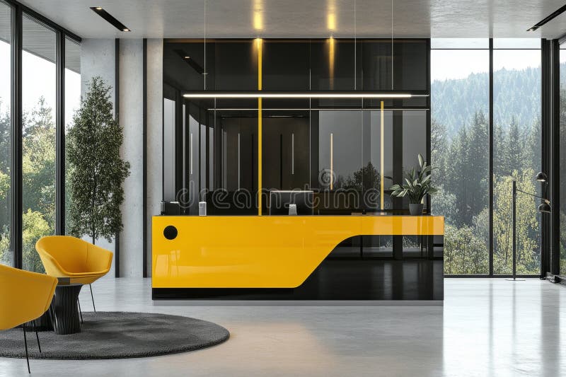 3D Rendering of a Modern Reception Area with Yellow and Black Decor ...