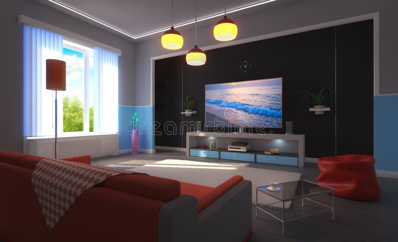 3d Rendering of Modern Room Interior with TV Set and Point Lighting ...