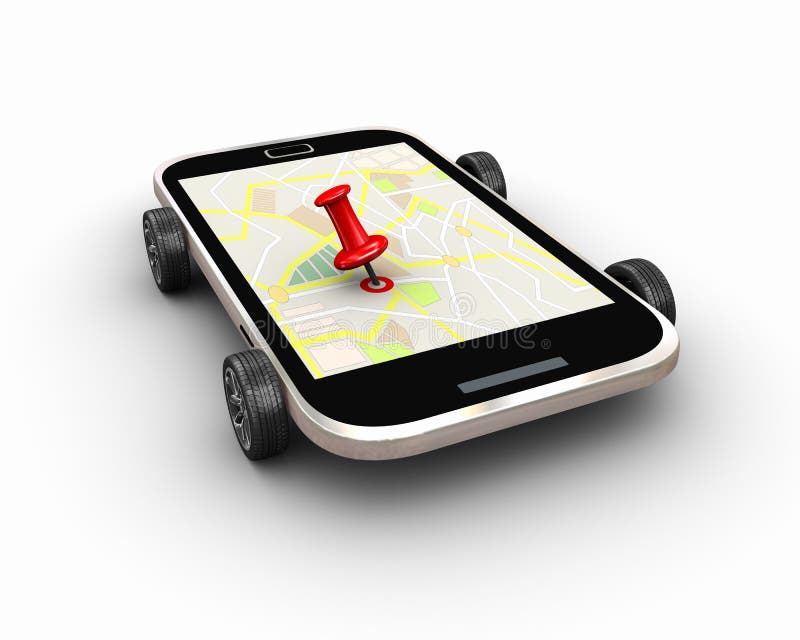 3d Smart Mobile Phone on Wheel Map Navigation Stock Illustration ...