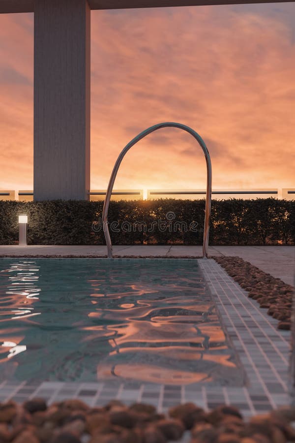 3d Rendering of Modern Swimming Pool in the Evening Sunlight Stock ...