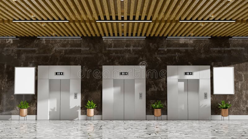3D Rendering Modern Three Steel Elevator with Board and Plant Stock ...