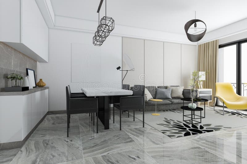 3d Rendering Modern Tile Living Room and Dining Room Stock Illustration ...