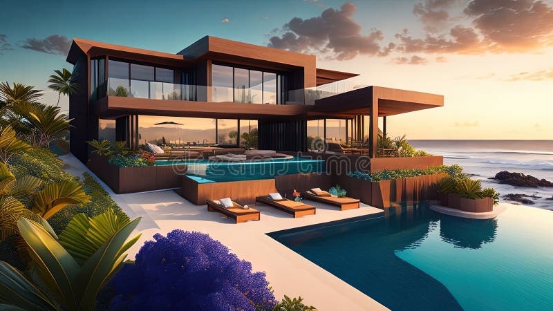 3D Rendering of a Modern Villa on the Beach at Sunset Stock ...