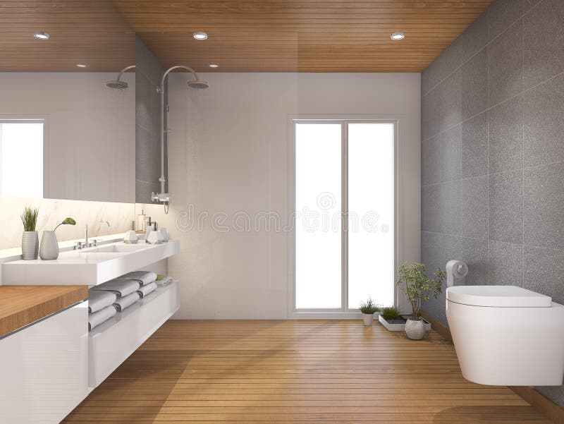 3d Rendering Modern Wood Bathroom and Toilet Near Window Stock ...