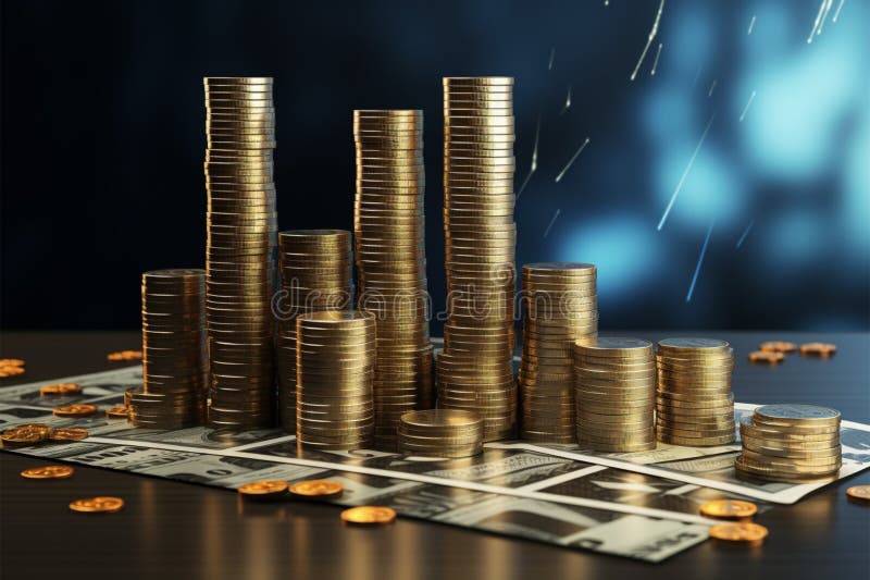 3D Rendering, Money Stacks Transform into a Business Chart with Arrows ...