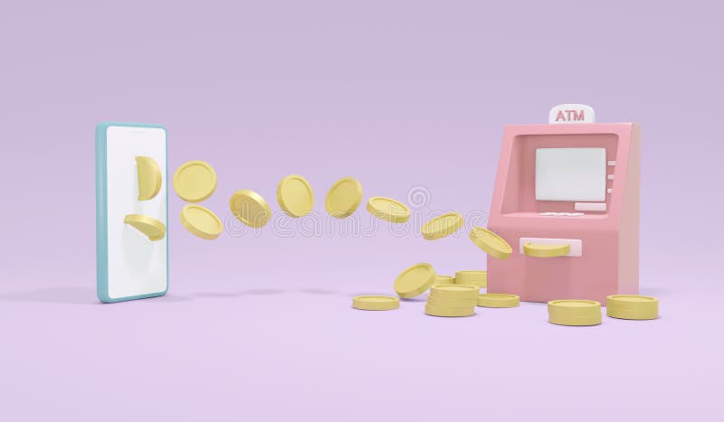 3D Rendering of Money Transferring between Phone and ATM Machine Stock ...