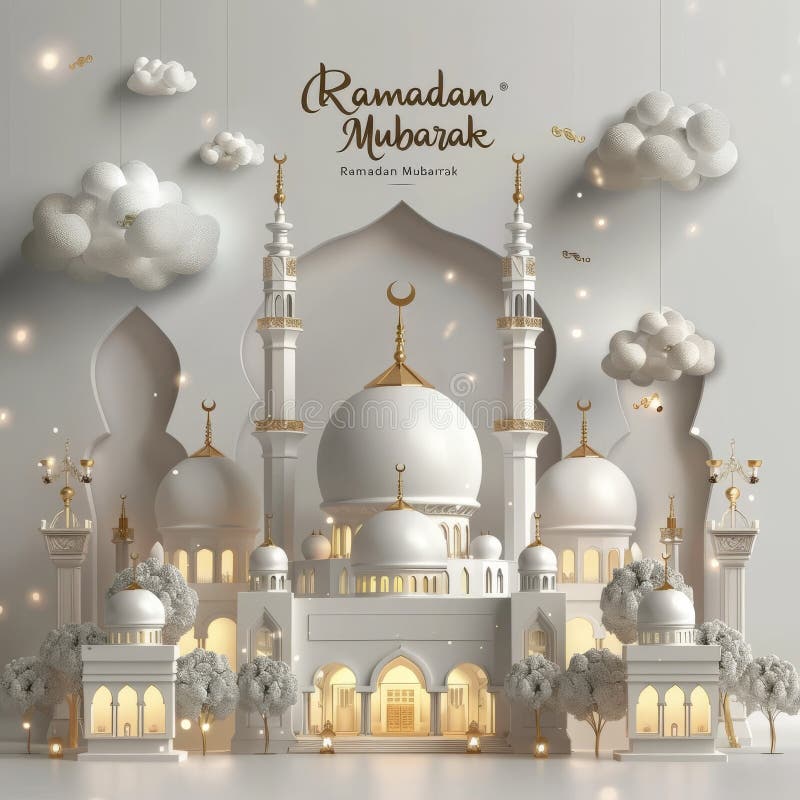3D Rendering of a Mosque with Trees and Clouds for Ramadan Mubarak ...
