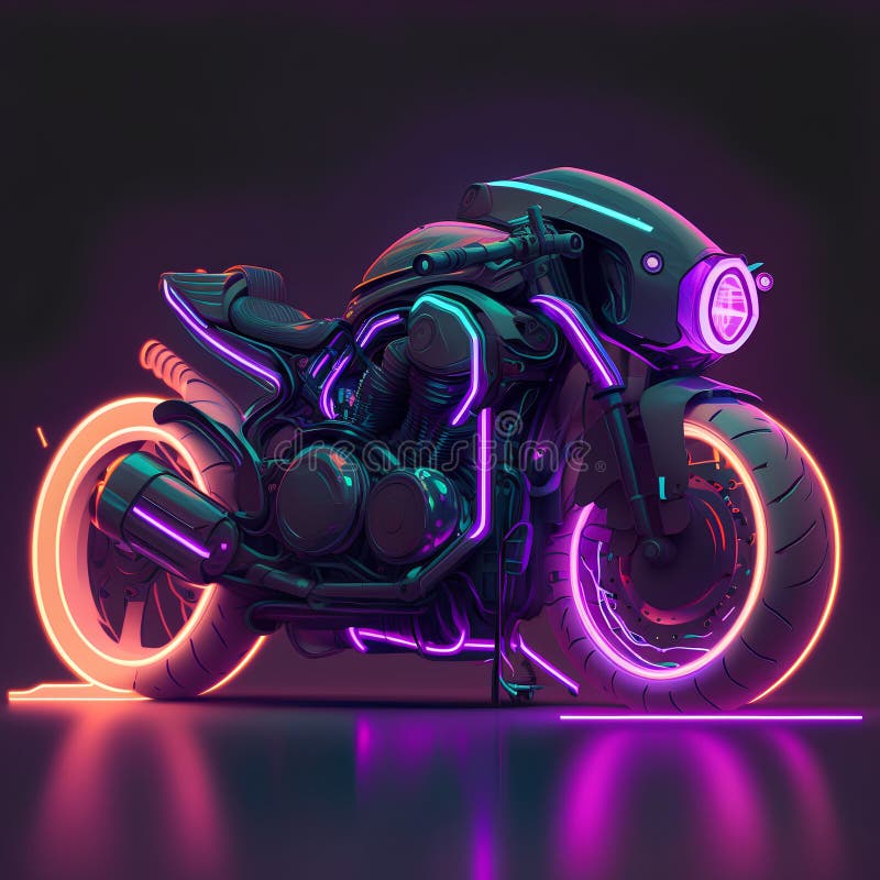 3d Rendering of a Motorcycle with Neon Lights on a Purple Background ...