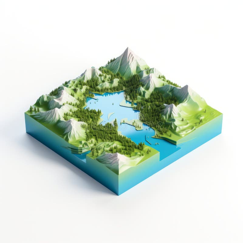 Flattened Perspective 3d Model of Nature with Mountains and Lakes Stock ...
