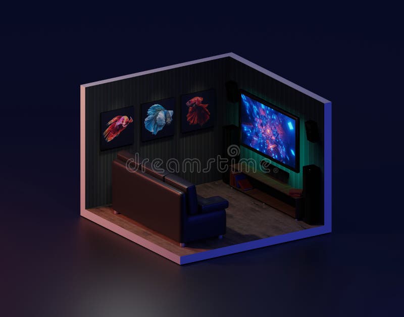 3d Rendering Movie Room Isometric., 3d Illustration Stock Illustration ...