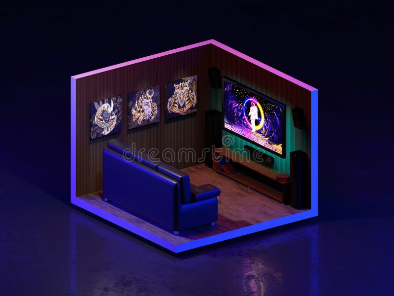 3d Rendering Movie Room Isometric., 3d Illustration Stock Illustration ...