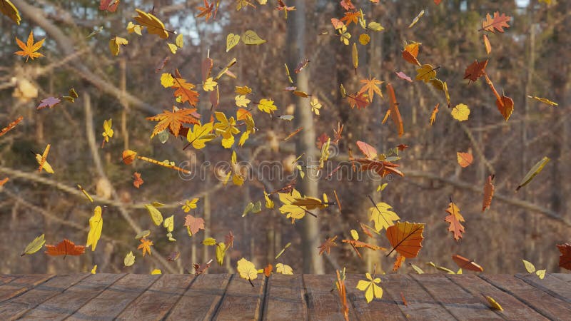 3D Rendering. Multitude of Leaves Falling in Autumn on a Wooden Table ...