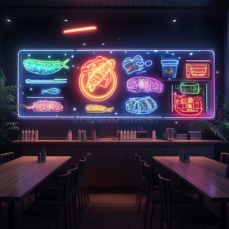 3d Rendering of Neon Food Menu in a Night Club or Bar. Artificial ...
