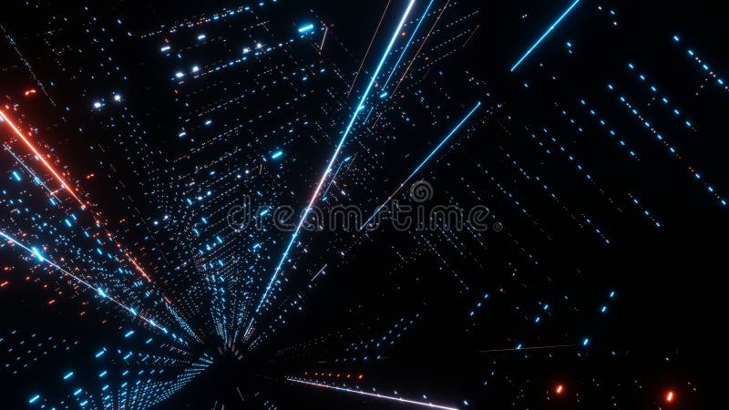 3D Rendering of Neon Glow Led Dots and Lines, Traversing and Navigating Inside Abstract ...