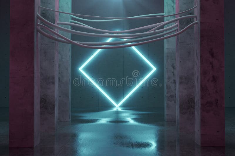 3d Rendering Of Neon Lighten Rotated Square Shape In Front Of Concrete ...