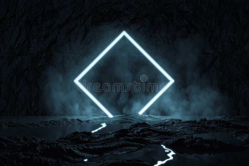 Neon Square Rotated Shape on the Water Surface and in a Rocky ...