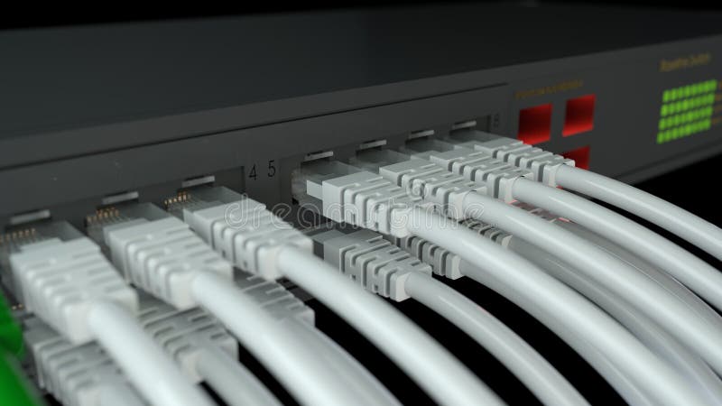 3d Rendering of a Network Switch and Ethernet Cables Stock Illustration ...