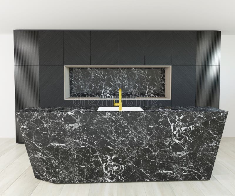 3d Rendering of New Black Marble Kitchen Cabinet Interior Design Stock ...