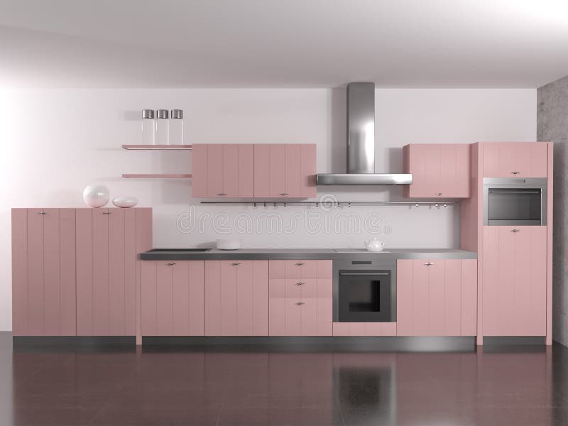 3d Rendering of New Modern Pink Kitchen Interior Design Stock ...