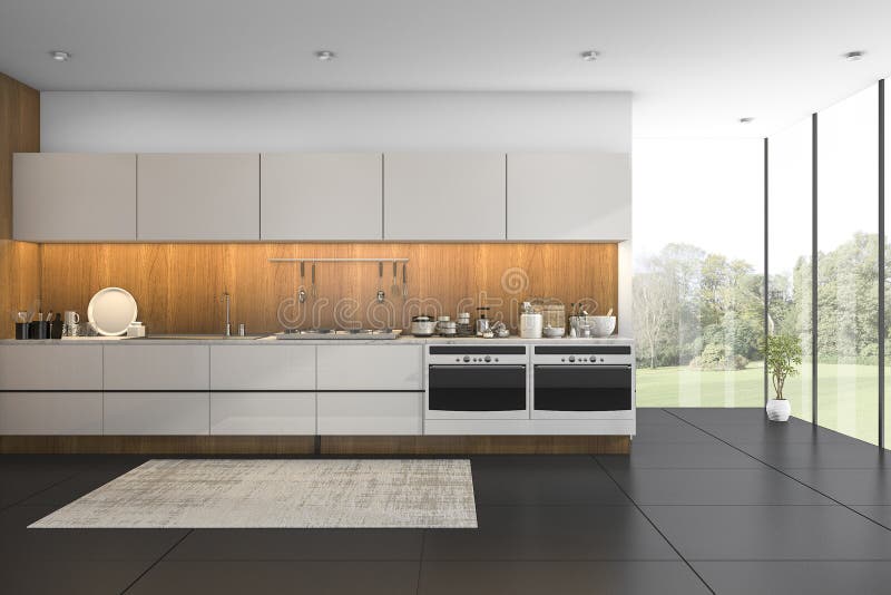 3d Rendering Nice View Wood Kitchen with Black Tile Stock Illustration ...