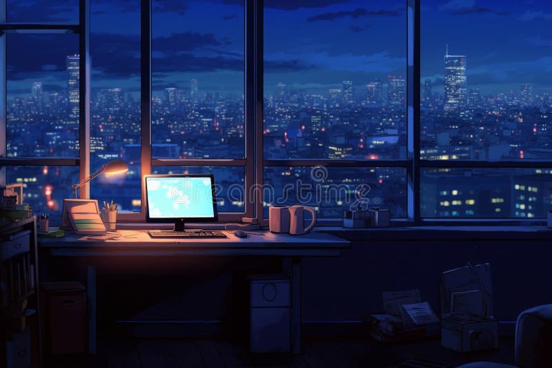 3d Rendering of a Night Office with a Large Window Overlooking the City ...