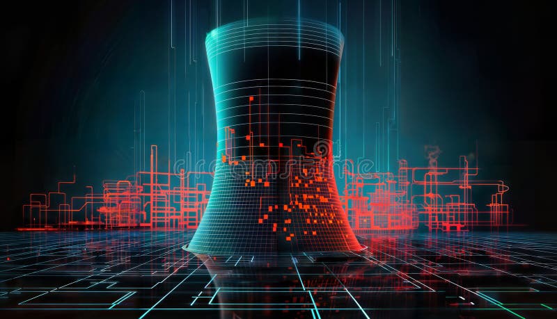 3d Rendering of Nuclear Power Plant on Dark Background with Binary Code ...
