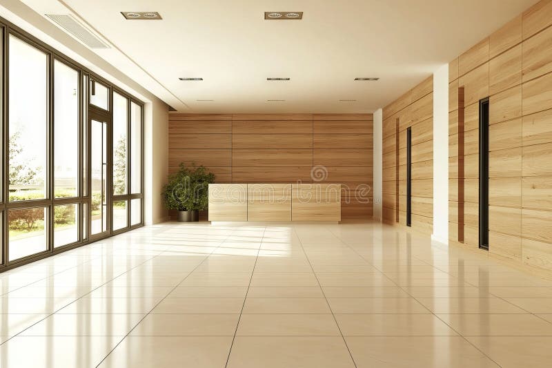 3D Rendering of an Office Lobby with a Reception Desk and Large Windows ...