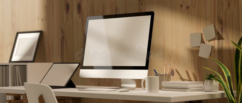 3D Rendering, Office Room Interior Design with Computer, Stationery and ...