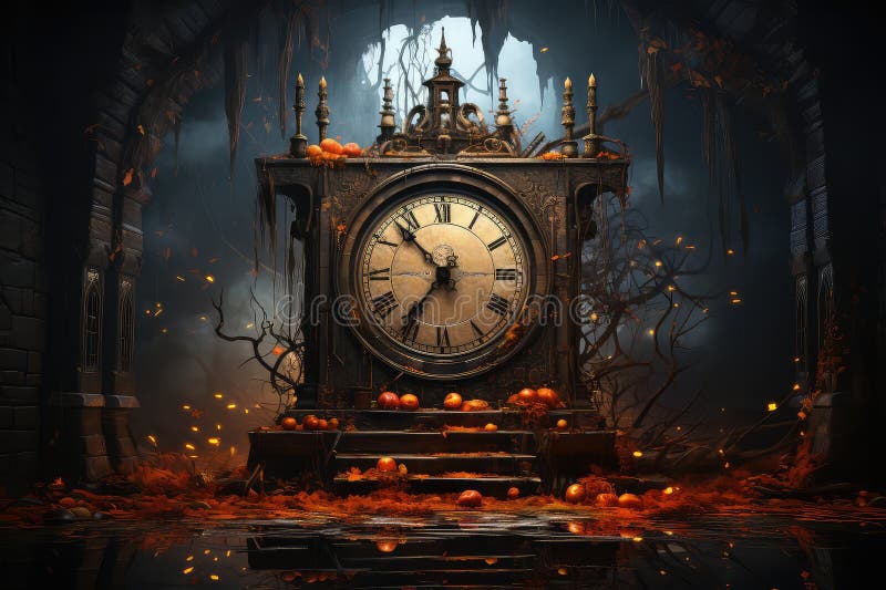 3D Rendering of an Old Clock in a Dark Halloween Graveyard Generative ...