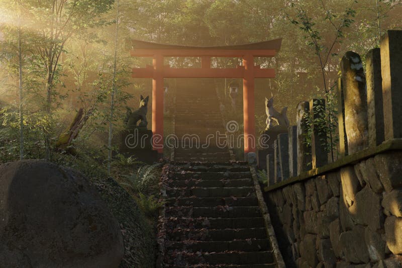 3d Rendering of an Old Japanese Shrine with Red Torii Gate and Stone ...