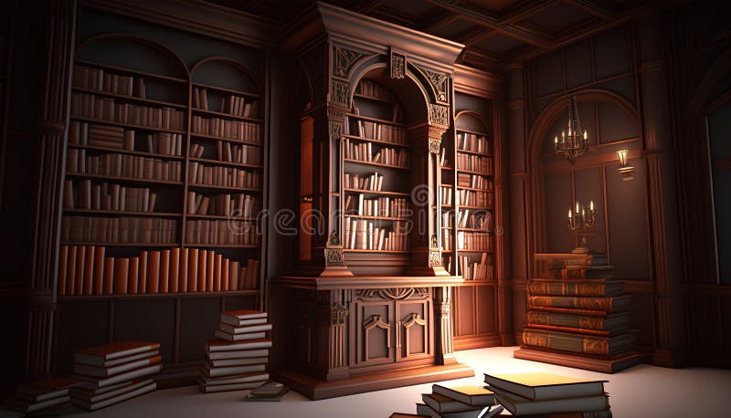 3D Rendering of an Old Library Room with Bookshelves and Columns Stock ...