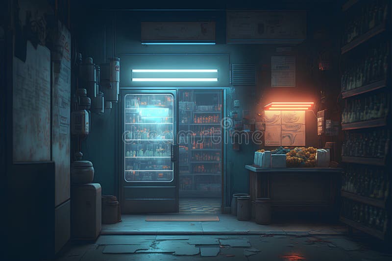 3d Rendering of an Old Pharmacy in a Dark Room with Neon Lights Stock ...