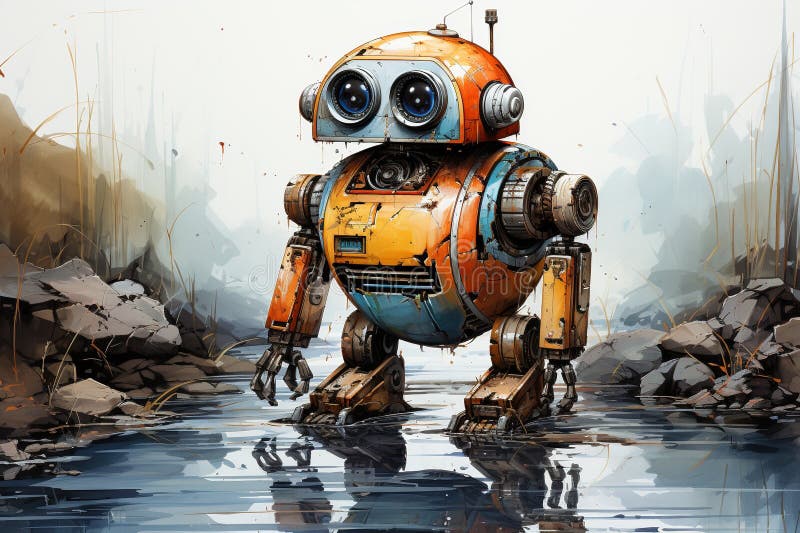 3d Rendering of an Old Rusty Robot Standing in the Water. Generative AI ...