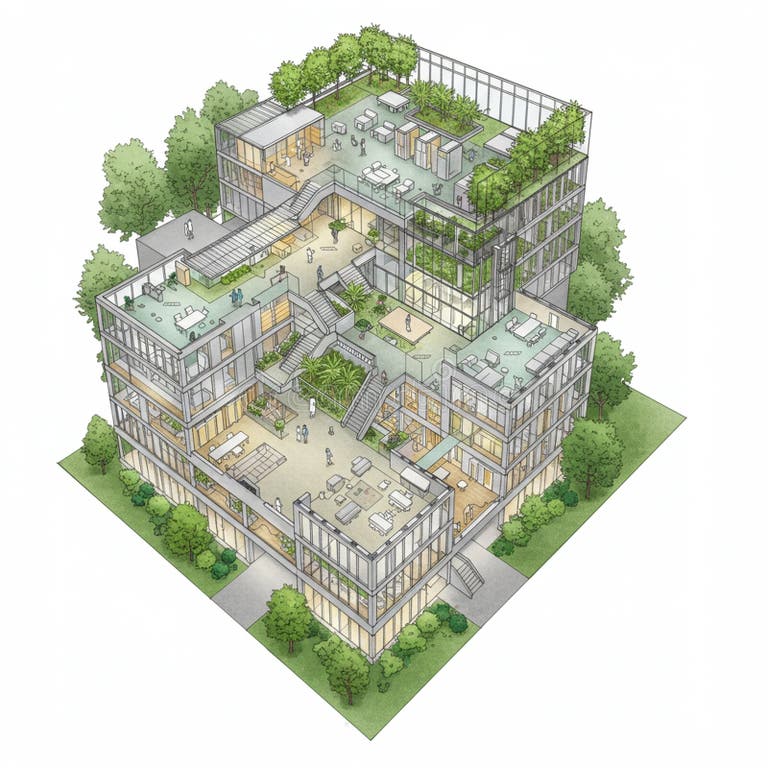 A 3D Rendering of an Open-concept Multi-level Building Features Lush ...