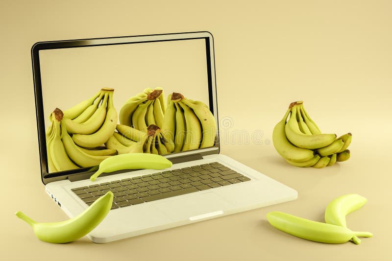 3d Rendering of Open Laptop with Bananas Placed on Screen and Surface ...