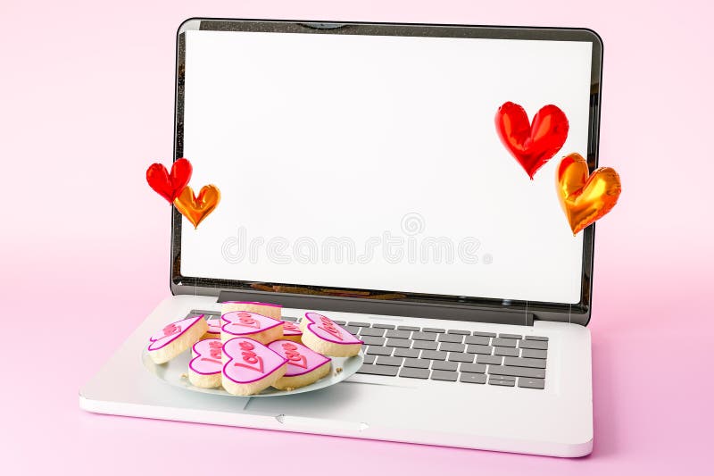 3d Rendering of Open Laptop Cookie with Heart Shaped Stock Illustration ...