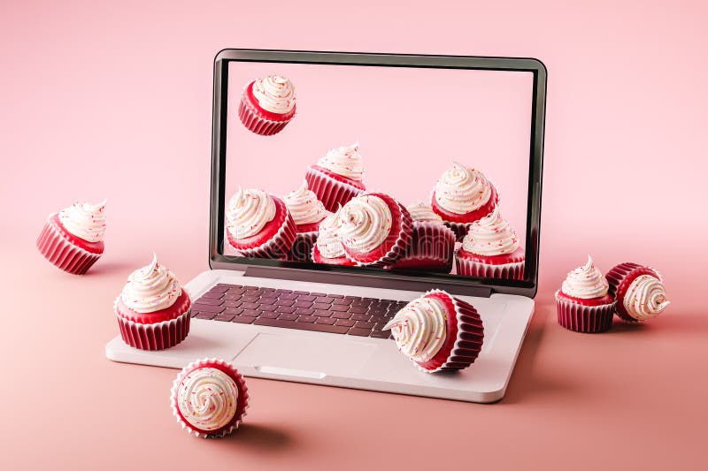 3d Rendering Open Laptop with Cupcakes on Screen and Pink Surface Stock ...