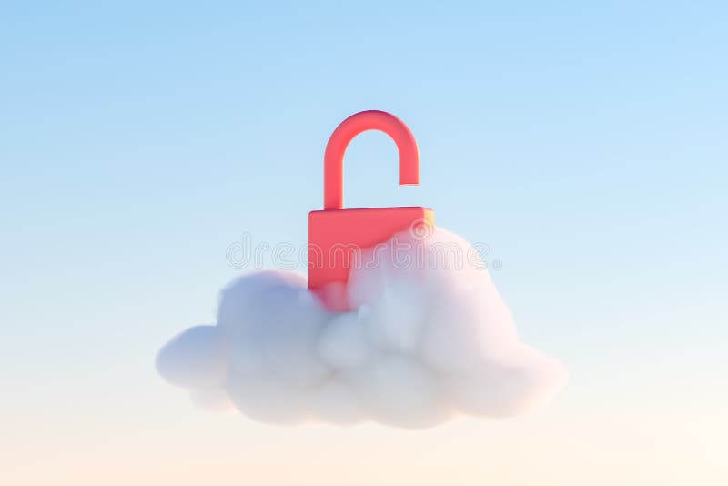 3D Rendering of Opened Lock in Fluffy Cloud. Cloud Security Concept ...