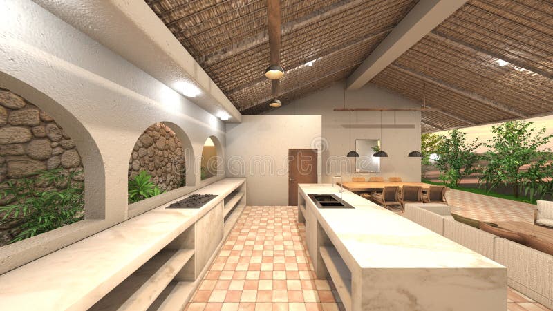 3D Rendering of the Outdoor Dining Kitchen Stock Illustration ...