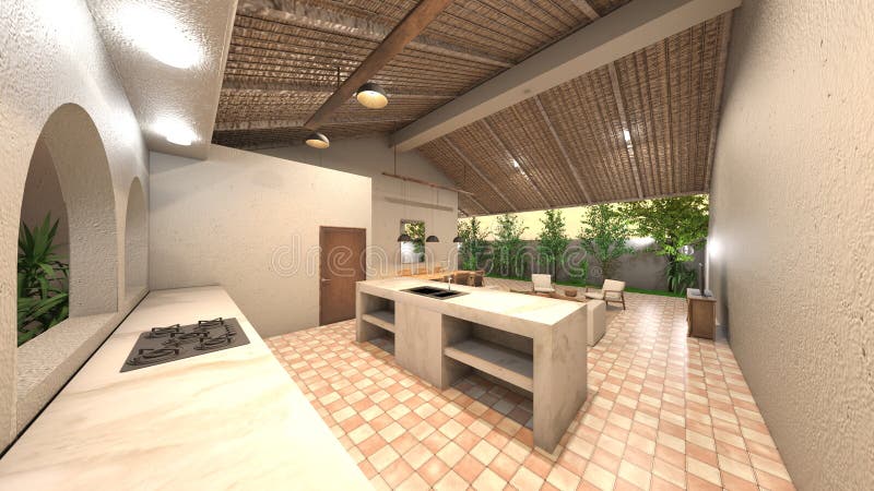 3D Rendering of the Outdoor Dining Kitchen Stock Illustration ...