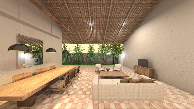 3D Rendering of the Outdoor Dining Kitchen Stock Illustration ...