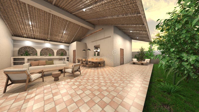 3D Rendering of the Outdoor Dining Kitchen Stock Illustration ...