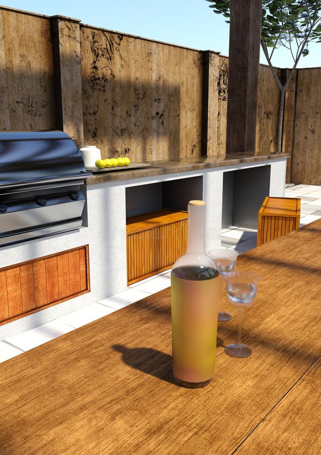 3D Rendering Outdoor Kitchen Stock Illustration - Illustration of vine ...