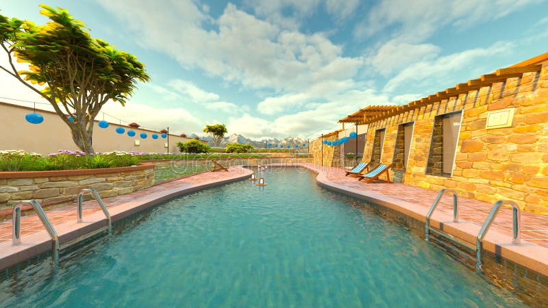 3D Rendering of the Outdoor Swimming Pool Stock Illustration ...