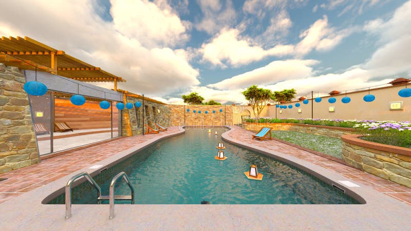 3D Rendering of the Outdoor Swimming Pool Stock Illustration ...