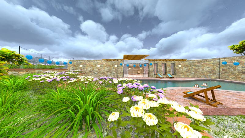 3D Rendering of the Outdoor Swimming Pool Stock Illustration - Illustration of relaxing, travel ...
