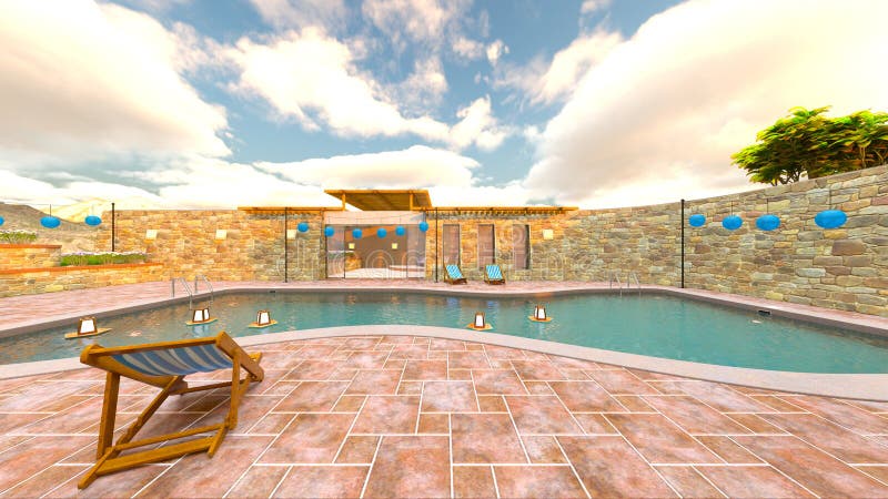 3D Rendering of the Outdoor Swimming Pool Stock Illustration - Illustration of spacious, scenery ...