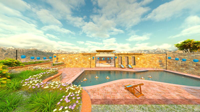 3D Rendering of the Outdoor Swimming Pool Stock Illustration - Illustration of real, entrance ...